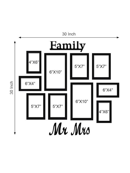 Set Of 10 Black Individual Photo Frames With Family Mr & Mrs Plaque ...